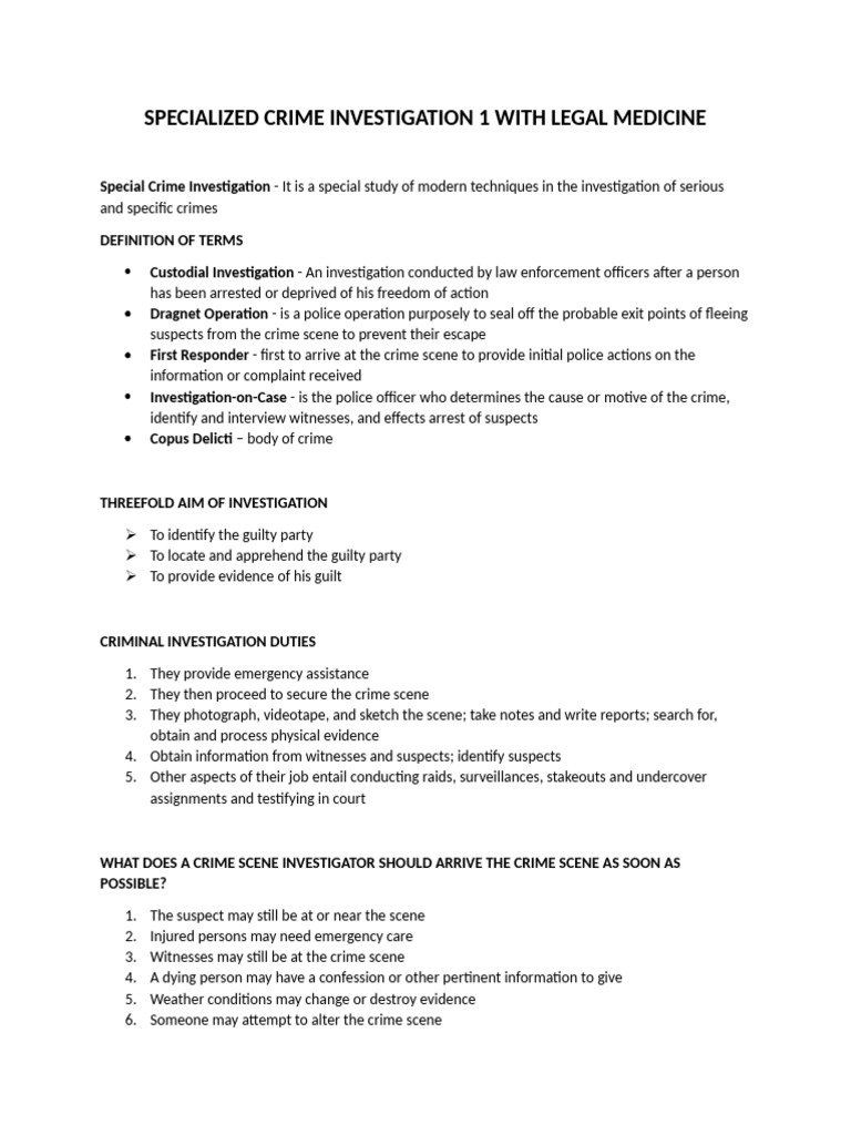 Prelims (Specialized Crime With Leg Med) | PDF | Crime Scene | Forensic ...