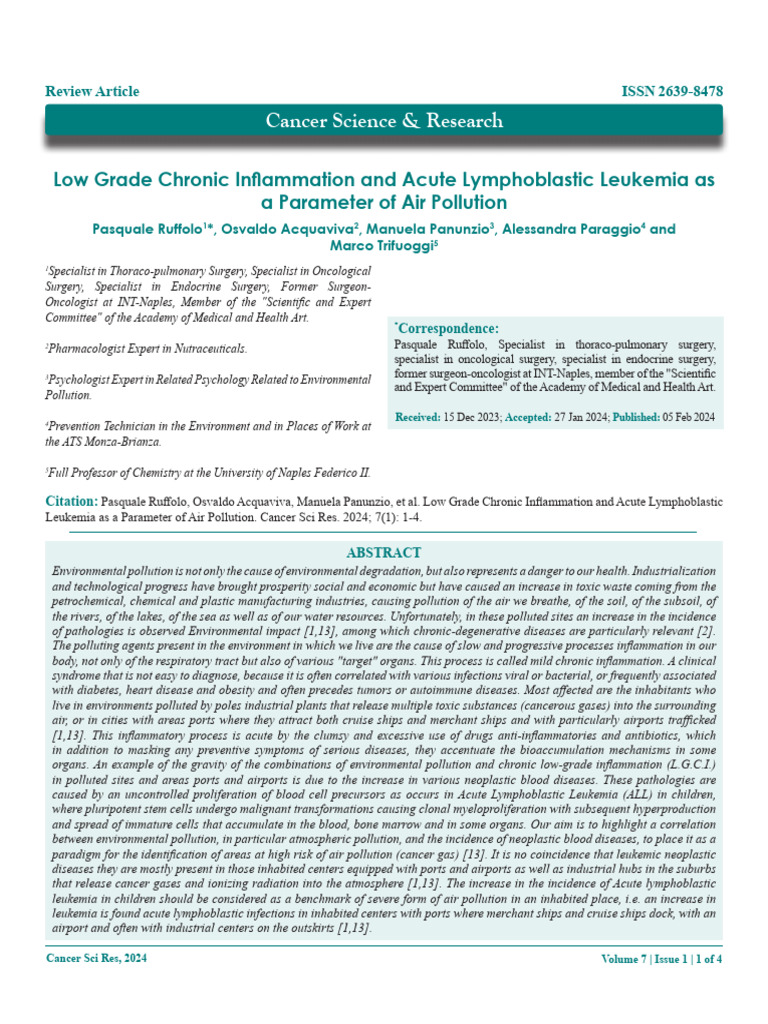 Low Grade Chronic Inflammation and Acute Lymphoblastic Leukemia As A Parameter of Air Pollution ...
