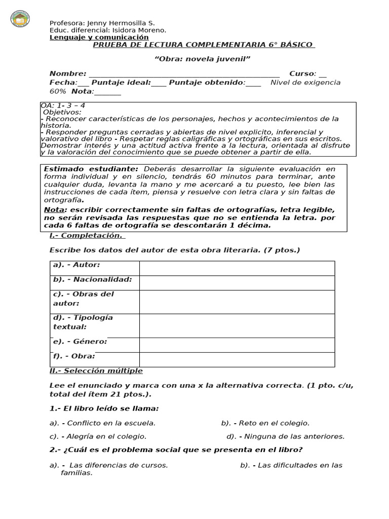 6° Reto en El Colegio Prueba de Lectura Complementaria 6 | PDF