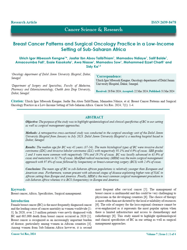 Breast Cancer Patterns and Surgical Oncology Practice in A Low-Income ...