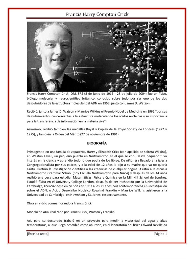 Biografia Francis Harry Compton Crick | PDF | Francis Crick | Ciencias de la vida