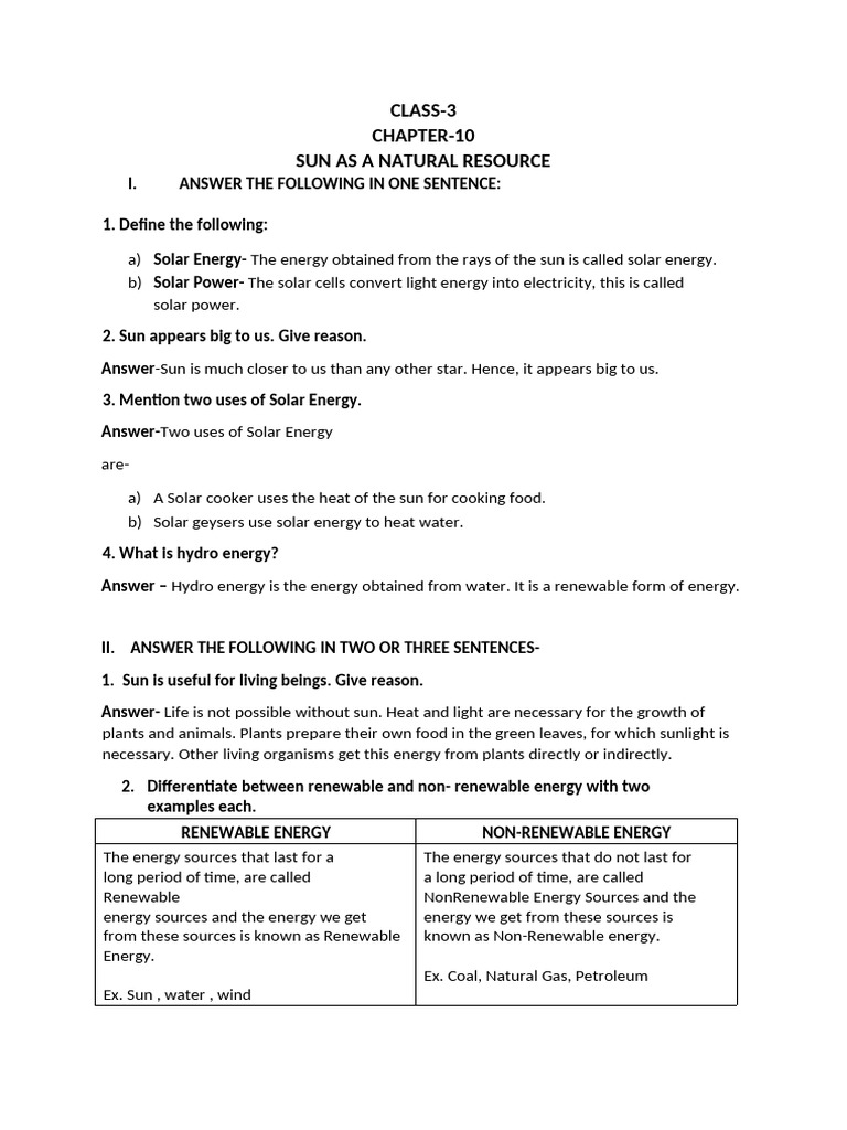 Sun as a Natural Resource for Class 3 | PDF