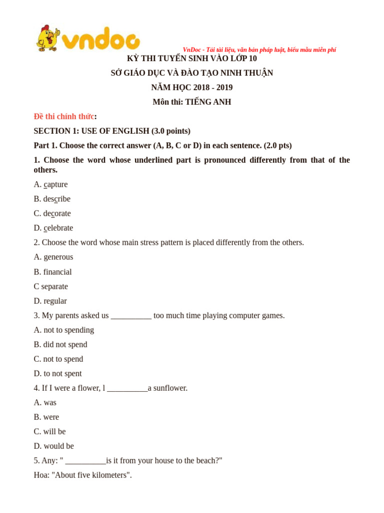 De Thi Tuyen Sinh Vao Lop 10 Mon Tieng Anh So GD DT Ninh Thuan | PDF | Smog