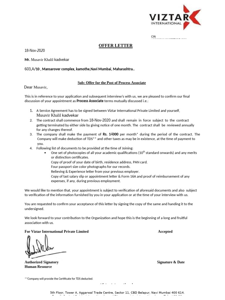 Offer Letter Mohammad Asi | PDF | Employment | Legal Remedy