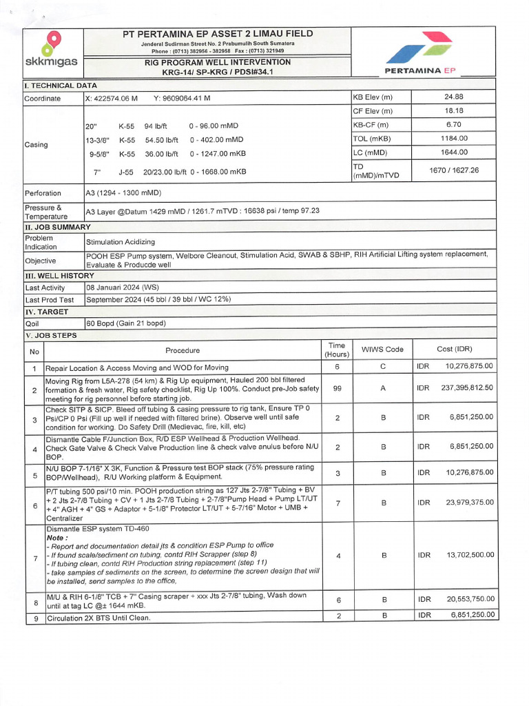 Rig Program Well Intervention KRG-14 - SP-KRG | PDF