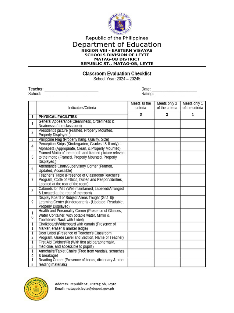 Classroom Evaluation Checklist | PDF