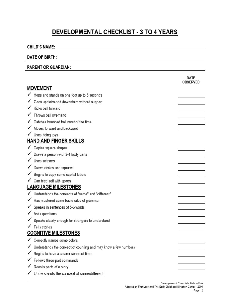Developmental Checklist - 3 To 4 Years | PDF | Psychological Concepts ...