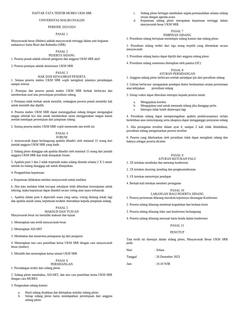 Tata Tertib Mubes UKM SRR 2023/2024 | PDF