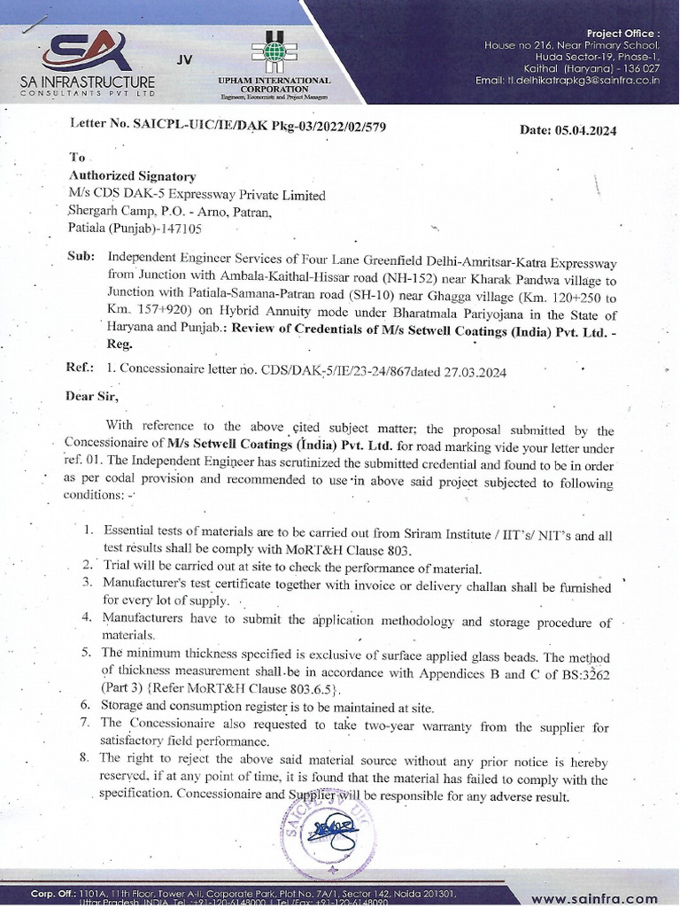 Letter No. 579 Review of Credentials of Ms Setwell Coatings India Pvt ...