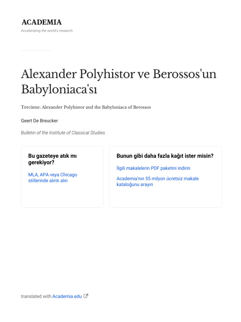Alexander Polyhistor and The Babyloniaca of Berossos - TR | PDF