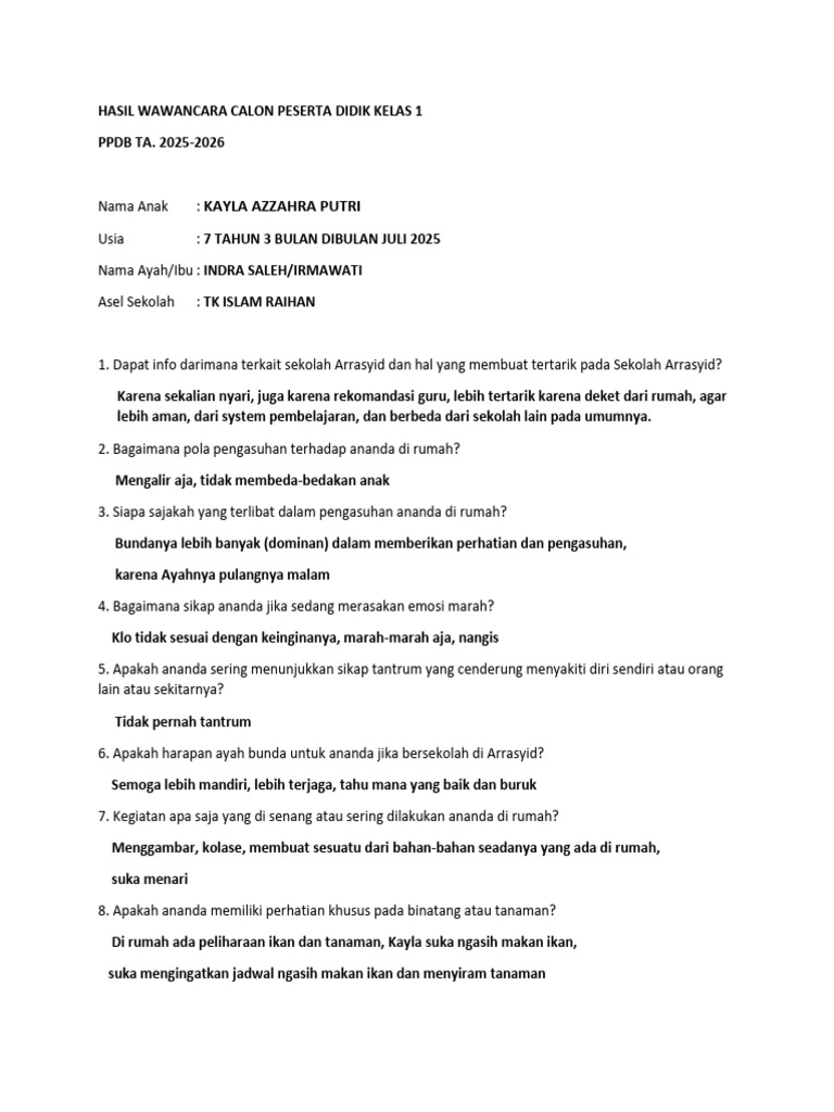 Wawancara PPDB Kayla Azzahra 2025 | PDF