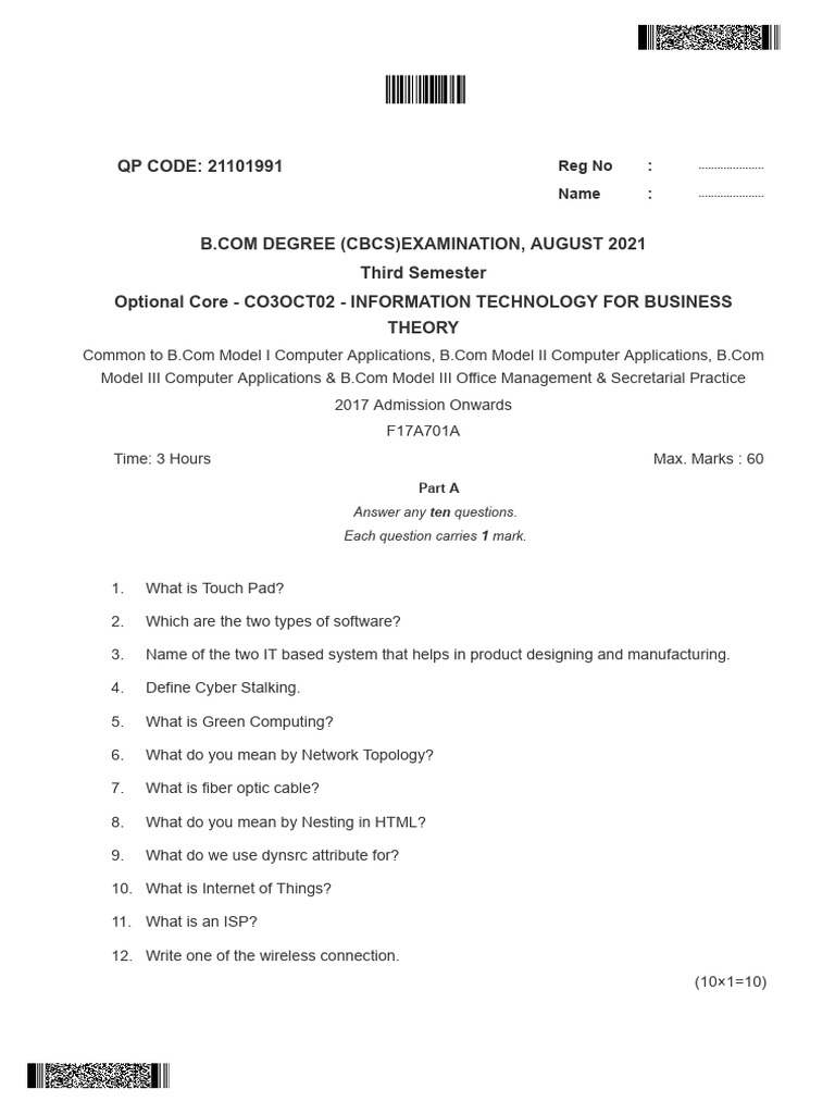 QP CODE: 21101991: Reg No: Name | PDF | Websites | Information Technology