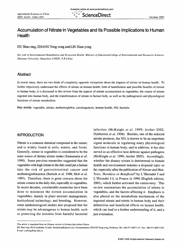 Accumulation of Nitrate in Vegetables and Its Possible Implications To ...