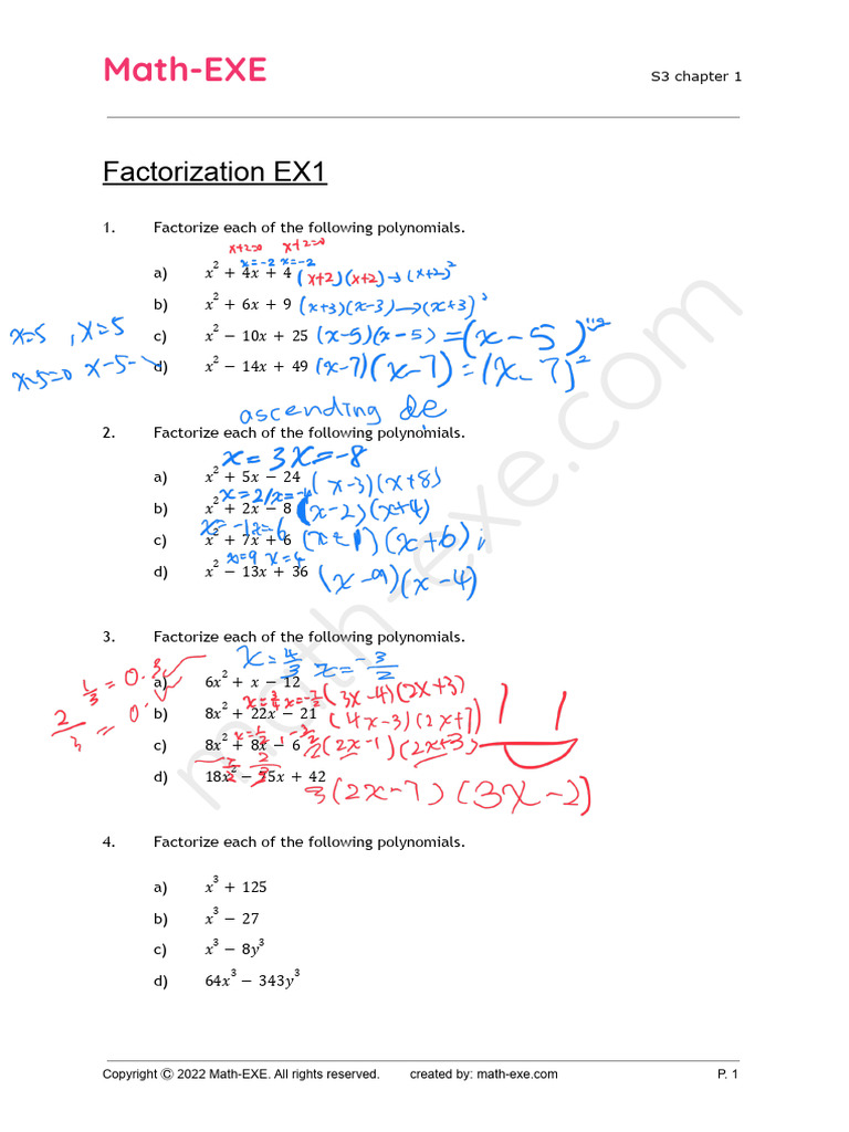 s3 Ch1 Factorization Ex1 Eng | PDF | Algebra | Mathematics