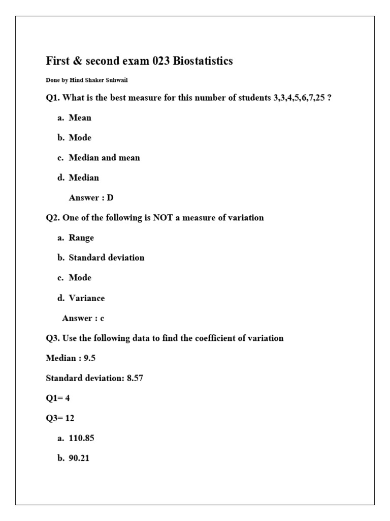 First Second Exam | PDF | Standard Deviation | Median