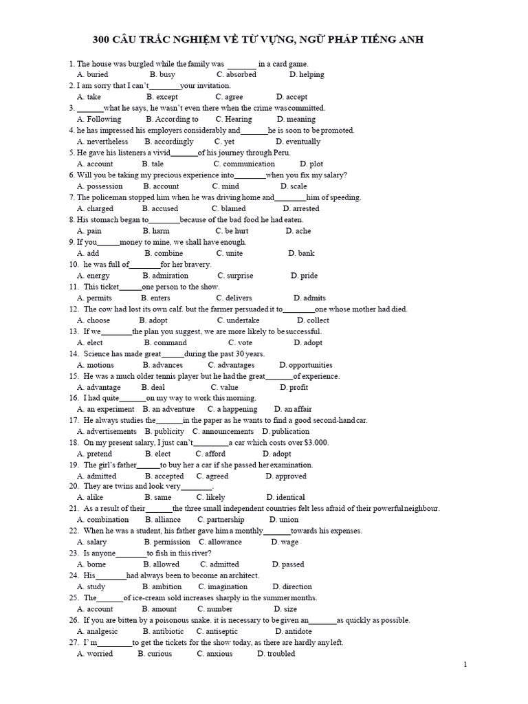300 Cau Trac Nghiem Tu Vung Ngu Phap Tieng Anh | PDF