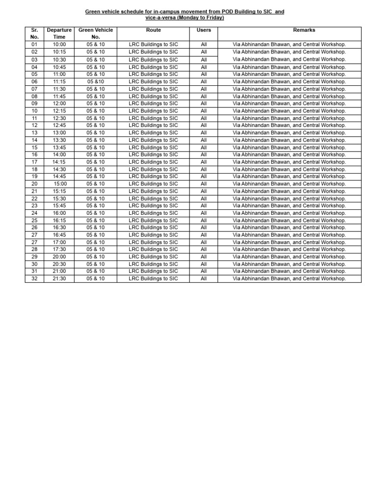 In-Campus Green Vehicle Schedule | PDF