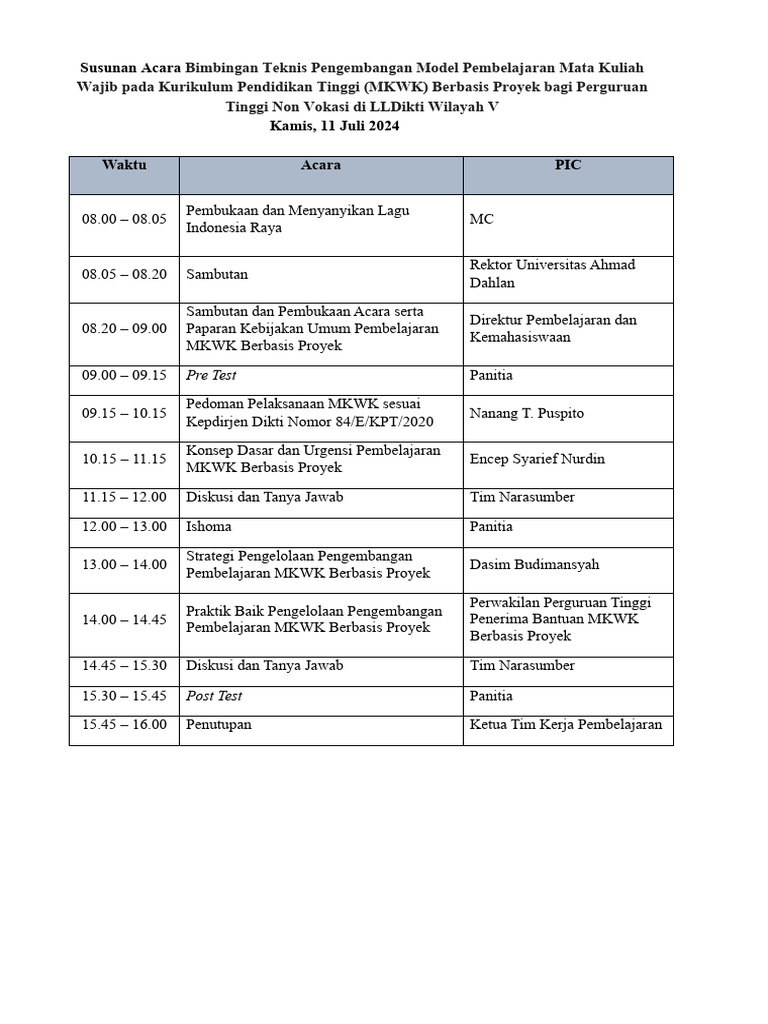 Rundown Acara Bimtek MKWK UAD 11 Juli | PDF