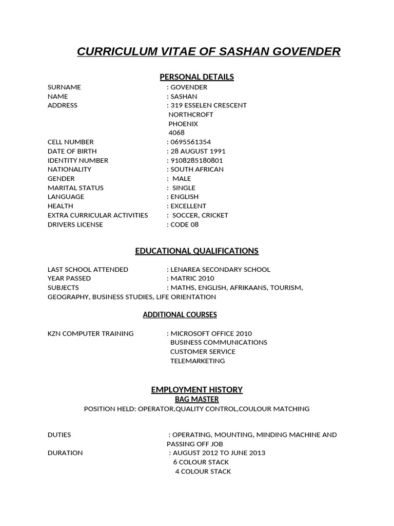 Sashan Govender's CV and Qualifications | PDF