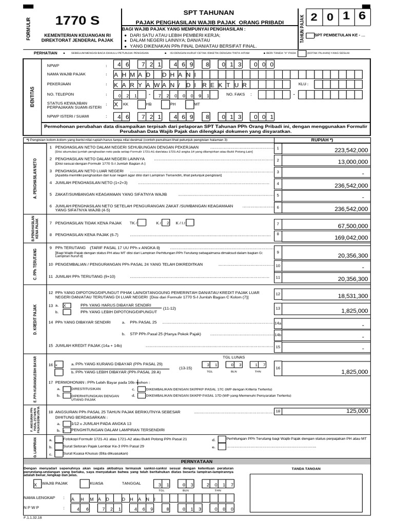 Formulir SPT 1770 S 2016 Update | PDF