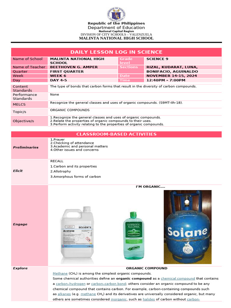Organic Compounds Lesson Plan | PDF | Organic Compounds | Chemical ...