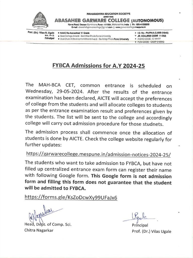 FYBCA Admission Notice 2024 25 | PDF