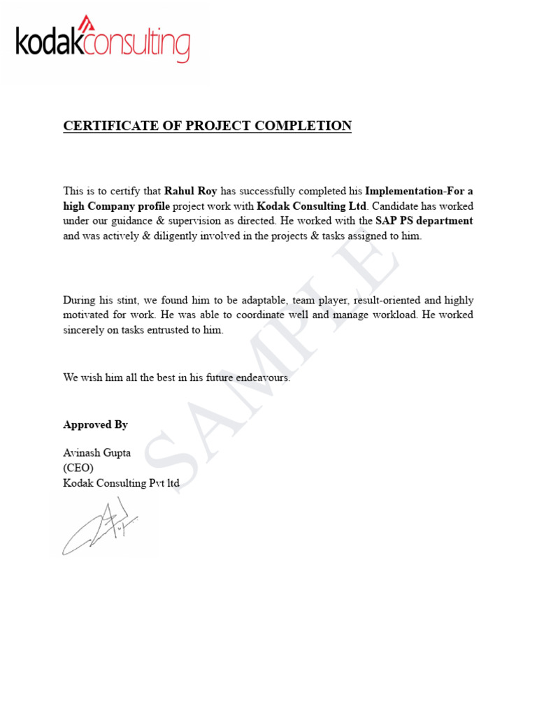 Sample Project Completion Certificate-Kodak | PDF