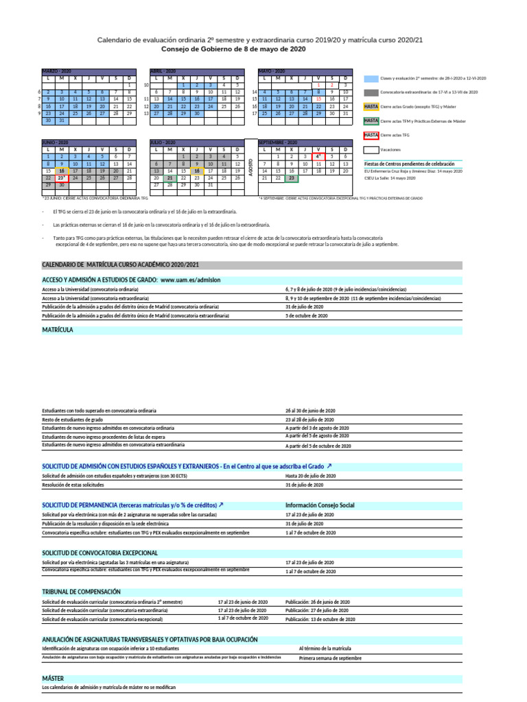 CALENDARIO MODIFICADO - ACADEMICO 2019-2020 - y - MATRICULA - 2020-21 - CDG - 8-4-2020 | PDF
