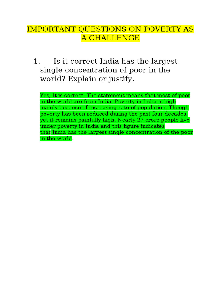 Important Questions On Poverty As A Challenge | PDF