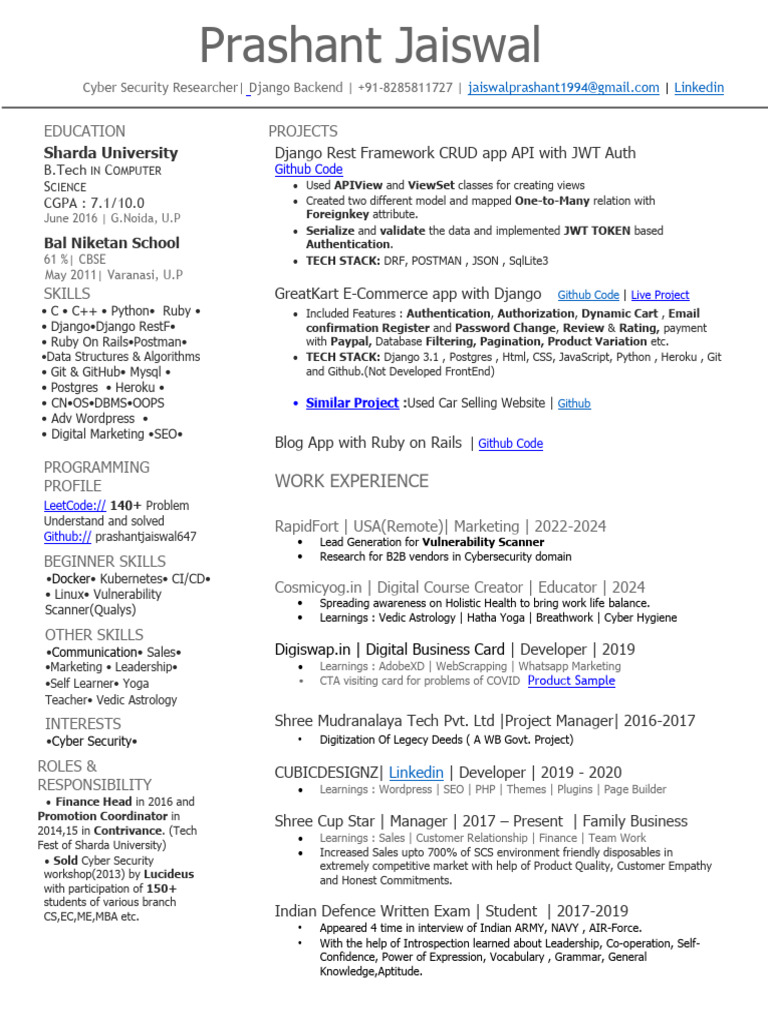 Prashant Jaiswal CV 2024 | PDF | Ruby On Rails | Databases