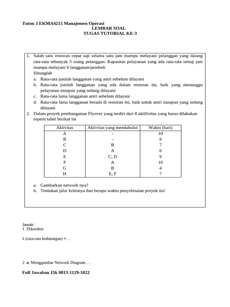 Tuton 3 EKMA4215 Manajemen Operasi | PDF
