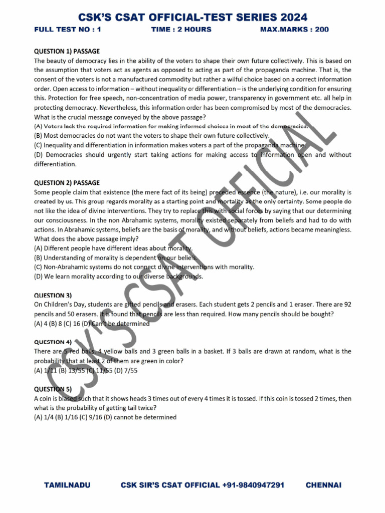 CSK'S Csat Test-01 | PDF