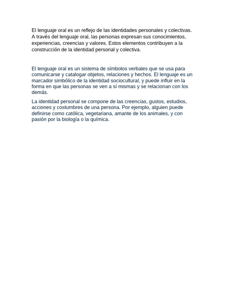 El Lenguaje Oral Es Un Reflejo de Las Identidades Personales y ...