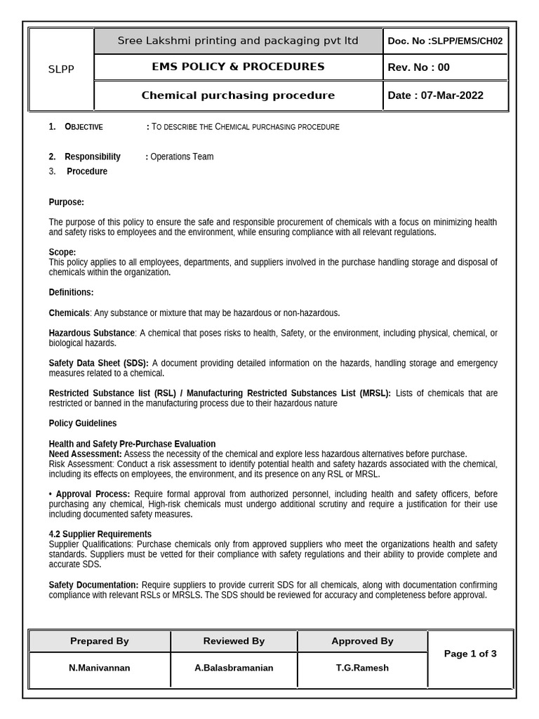 Chemical Purchasing Procedure | PDF | Occupational Safety And Health ...