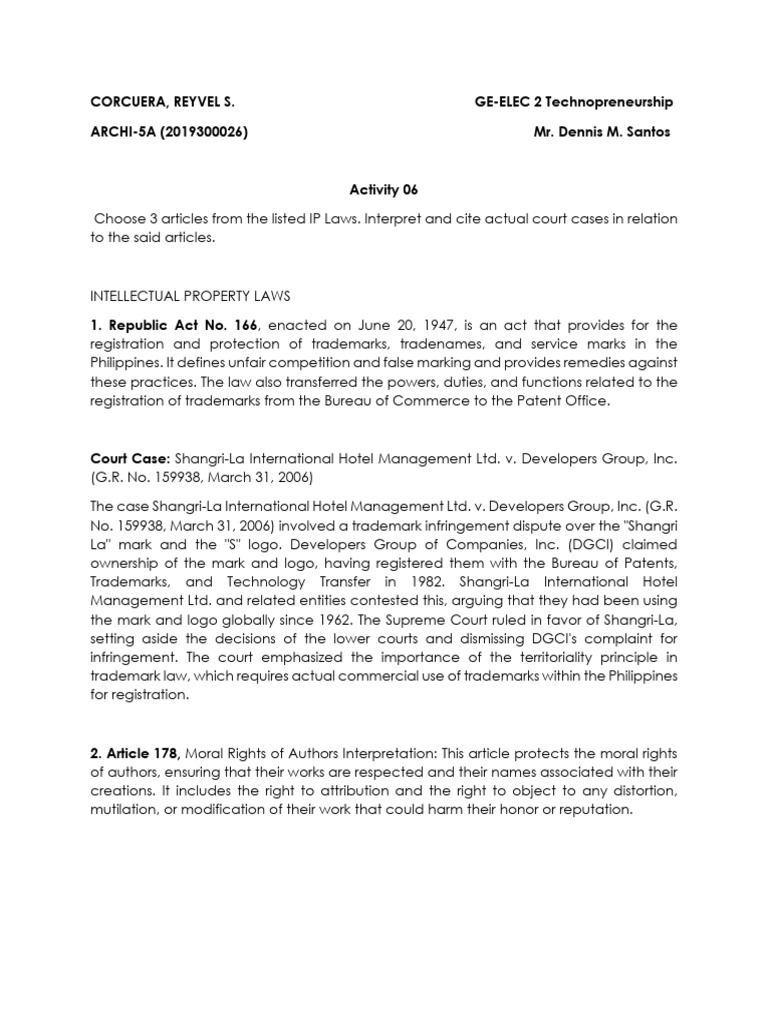 Corcuera, Reyvel S - Activity 06 | PDF | Trademark | Intellectual Property