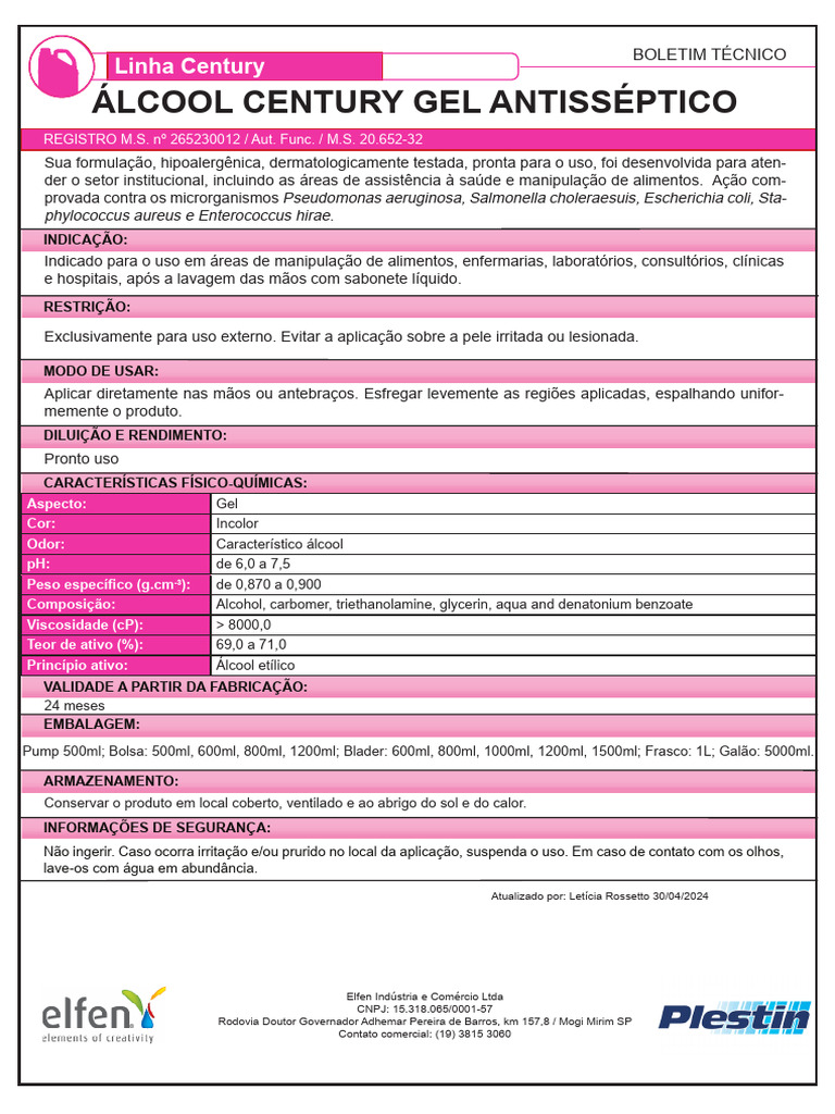 BT Alcool Century Gel Antisséptico - REV - 03 | PDF | Microbiologia