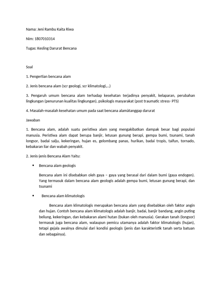 Jeni Rambu Kaita Riwa. Tugas Kesling Darurat Bencana | PDF