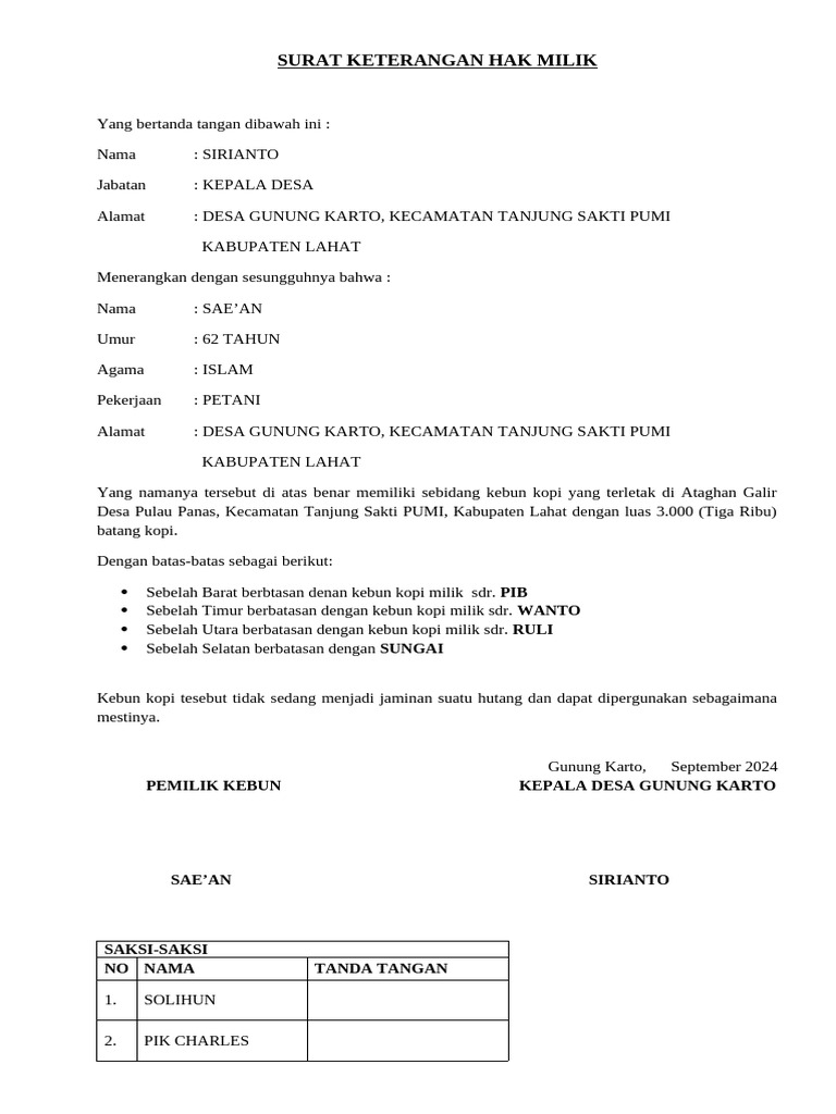 Sertifikat Hak Milik Kebun Kopi | PDF