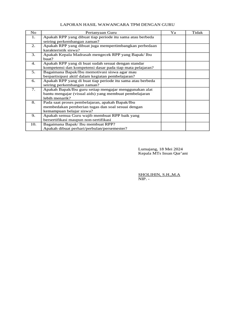 Laporan Hasil Wawancara TPM Dengan Guru | PDF