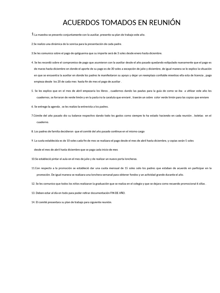 Acuerdos Tomados en Reunion | PDF