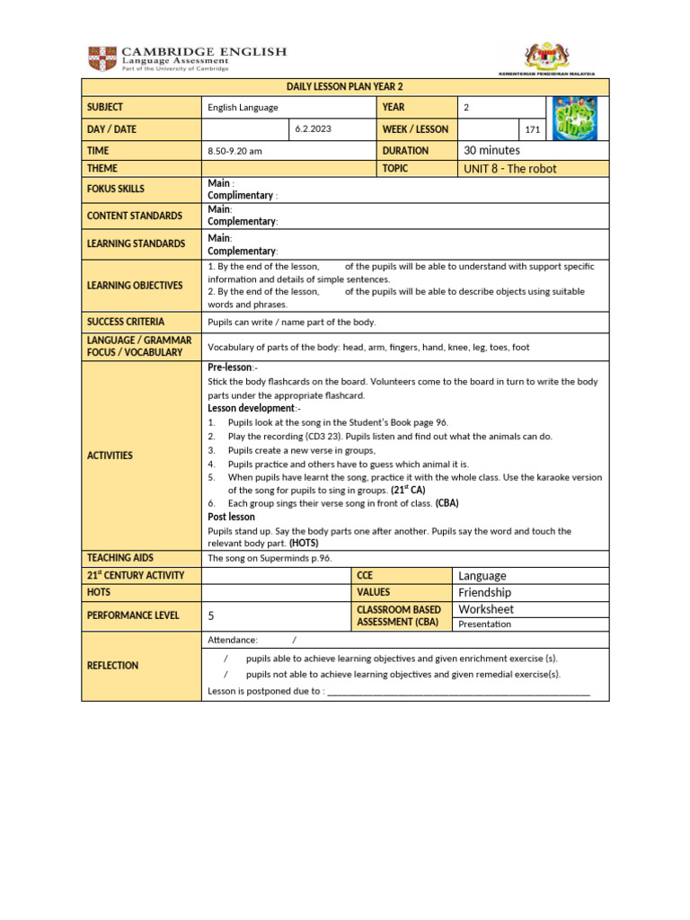 RPH Bi Year 2 (LP171-175) | PDF | Vocabulary | Lesson Plan