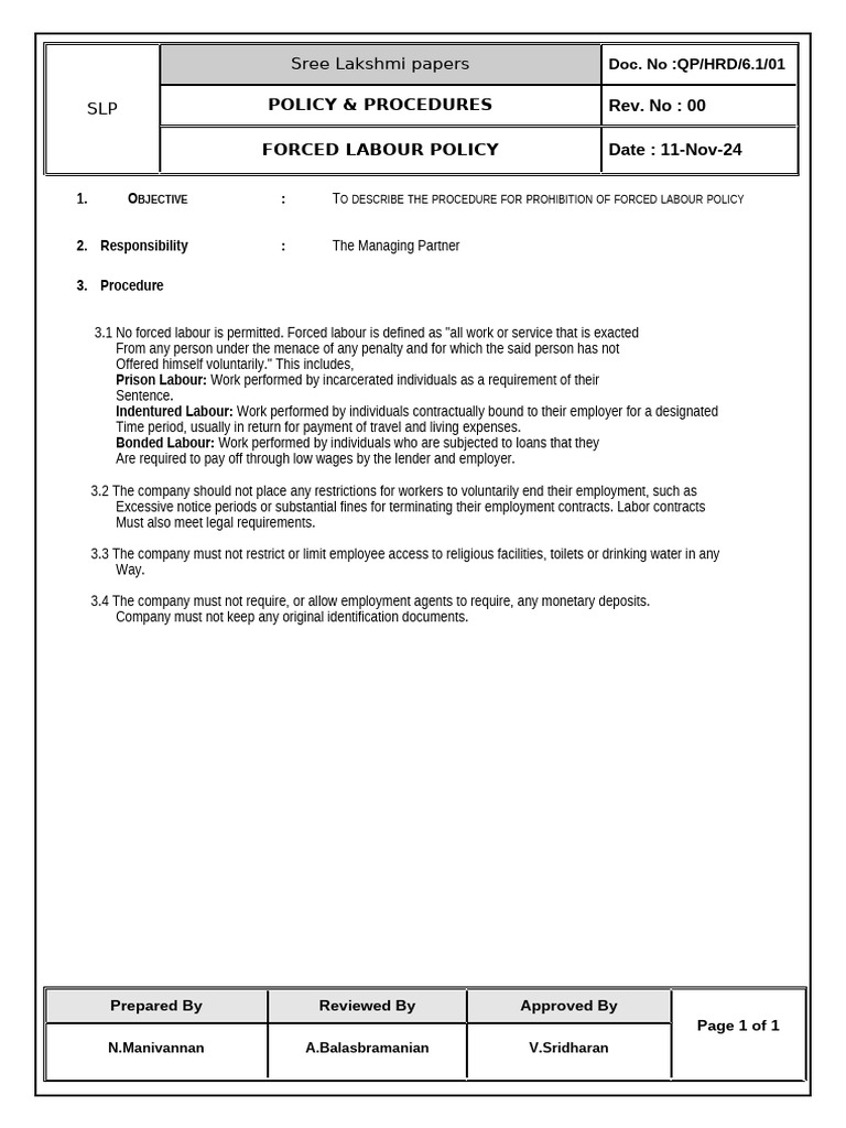 02.forced Labour Policy & Procedures | PDF