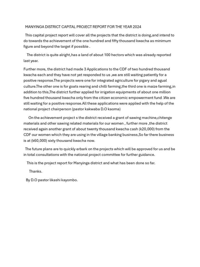 Manyinga District Project Report 2024 | PDF