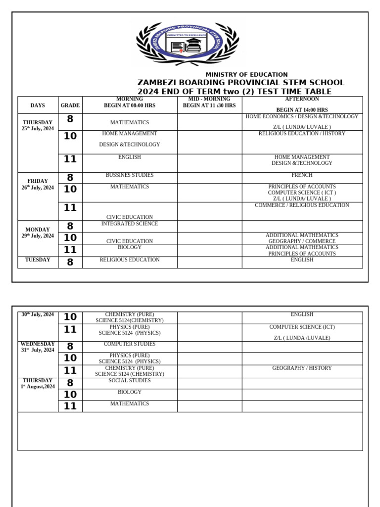 Term 2 2024 End of Term Time Table-1 | PDF | Science | Inquiry