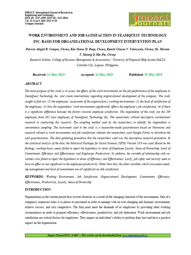 Work Environment and Job Satisfaction in Teamquest Technology Inc. Basis For Organizational ...