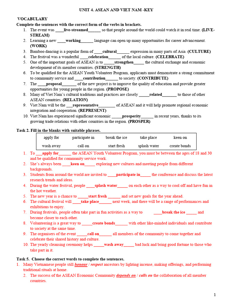 Key-Unit 4 - 11GS - Asean and Viet Nam - Ôn Buoi 2 | PDF | Vietnam | Vietnamese People