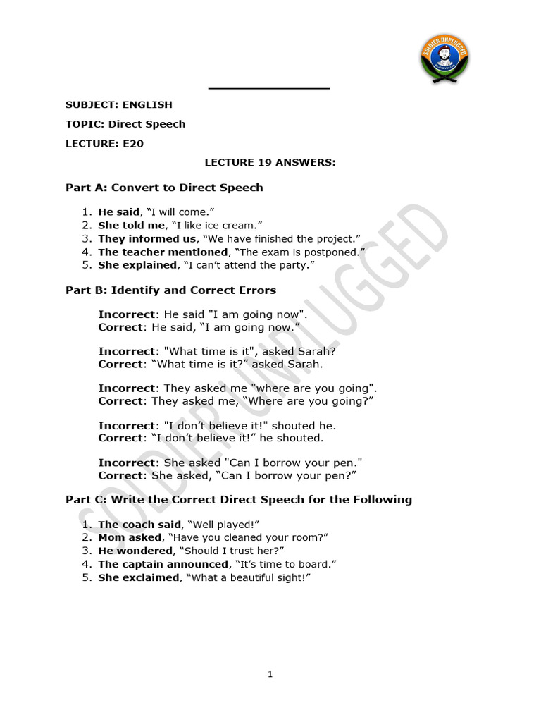E20 Direct Speech Worksheet 3 | PDF