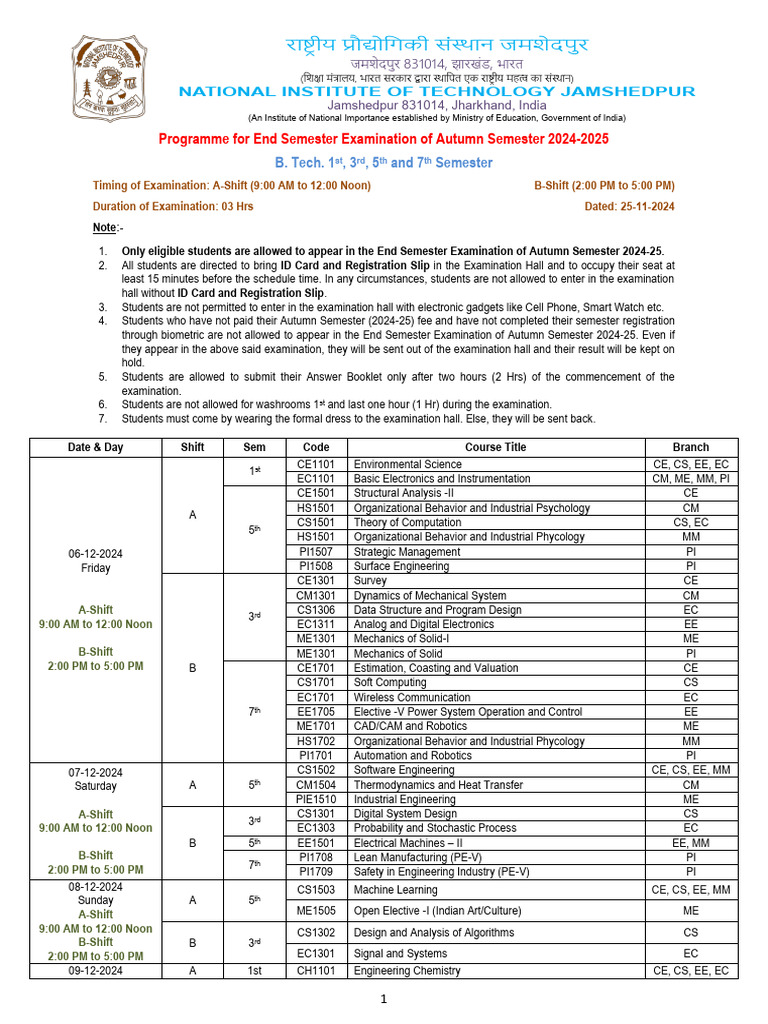 UG Programme For End Semester Examination of Autumn Semester 2024-25 ...