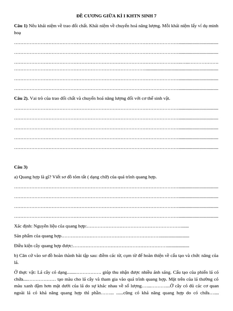 Đề cương sinh học7 GKI | PDF