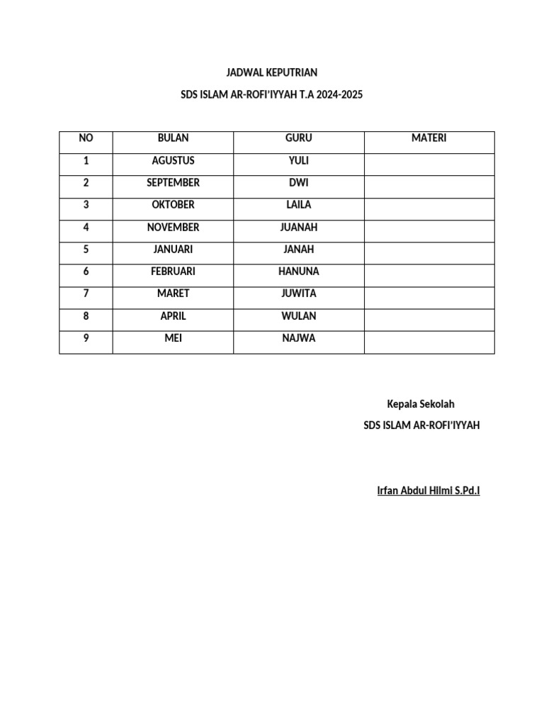 Jadwal Keputrian 2024-2025 | PDF